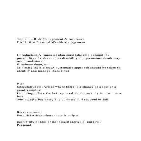 Topic 8 – Risk Management & InsuranceBAFI 1016 Perso.docx | Life ...