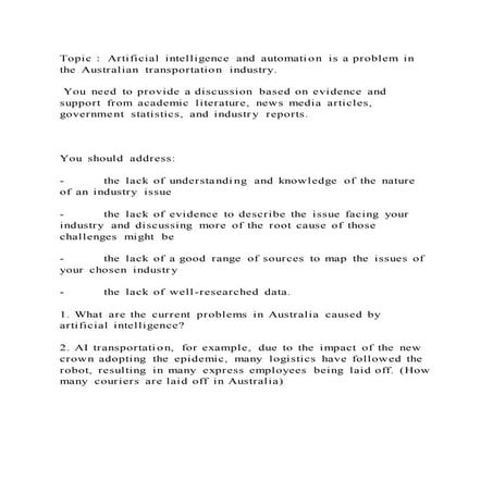 Topic： artificial intelligence and automation is a problem in the au | DOCX | Logistics and ...