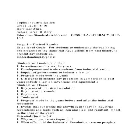 Topic IndustrializationGrade Level 8-10Duration 2 hrs..docx