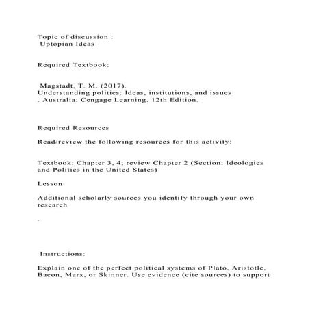Topic of discussion Uptopian IdeasRequired Textbook | DOCX | Politics