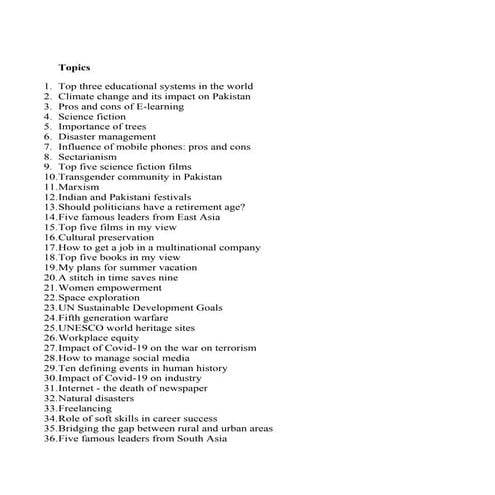 List of Topics for Presentations and Essays - | PDF