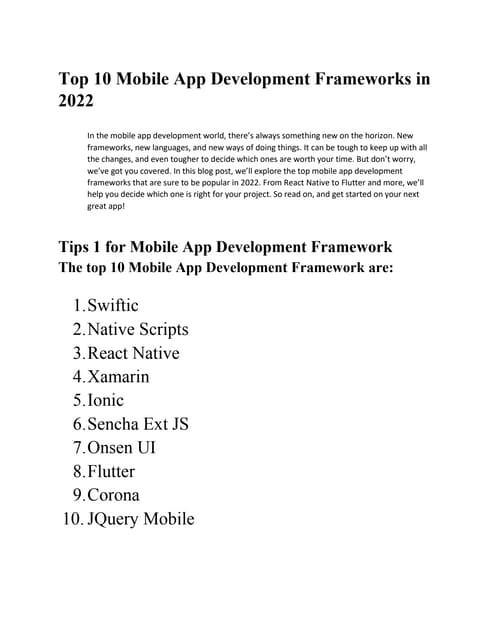 Top Mobile App Development Frameworks In 2022 Docx