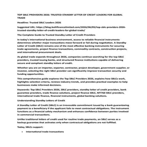 Top SBLC Providers 2026: Trusted Standby Letter of Credit Leaders for ...