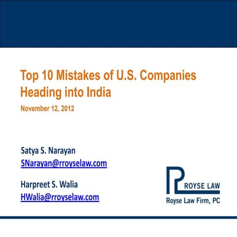 Top Ten Mistakes Of U.S. Companies Heading Into India. | PPTX