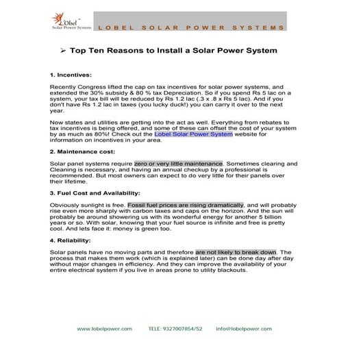 Top ten reasons to install a solar power system | PDF