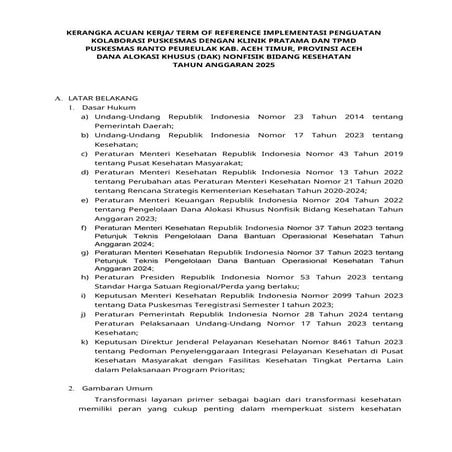 TOR DAK PUSKESMAS PENGUATAN KOLABORASI PUSKESMAS DENGAN KLINIK PRATAMA_TPMD DALAM PELAYANAN ...