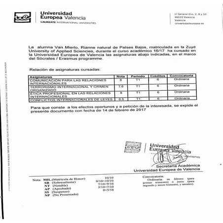 Transcript of Records Erasmus program Valencia | PDF