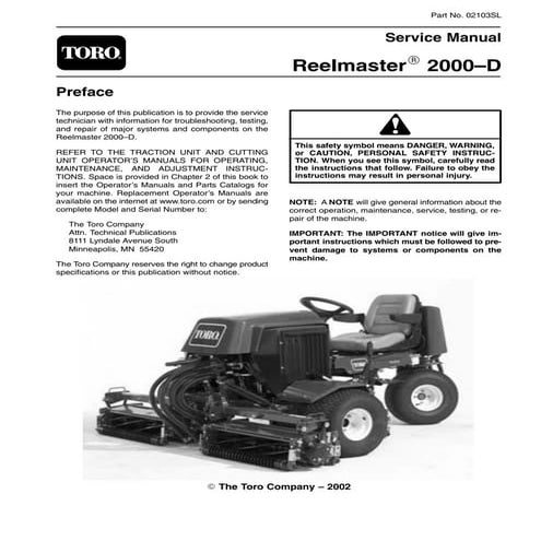Toro reelmaster 2000 d mower service repair manual | PDF