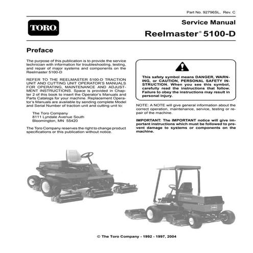 Toro reelmaster 5100 d mower service repair manual | PDF