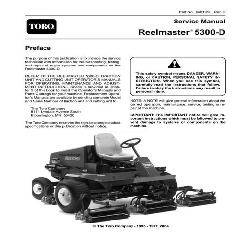 Toro reelmaster 5300 d mower service repair manual | PDF