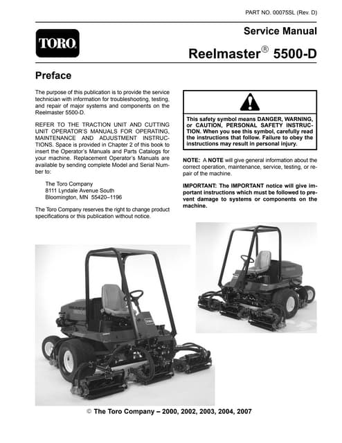 Toro reelmaster 6700 d (peugeot engine) mower service repair manual | PDF