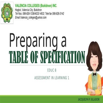 Tos Pptx Table Of Specifications Ctto Htt