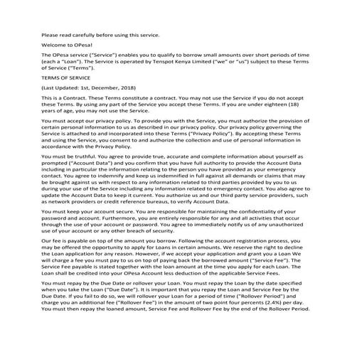 OPesa Terms of Service | PDF