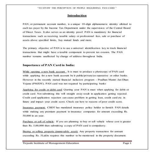 “To study the perception of people regarding pan card” | DOCX