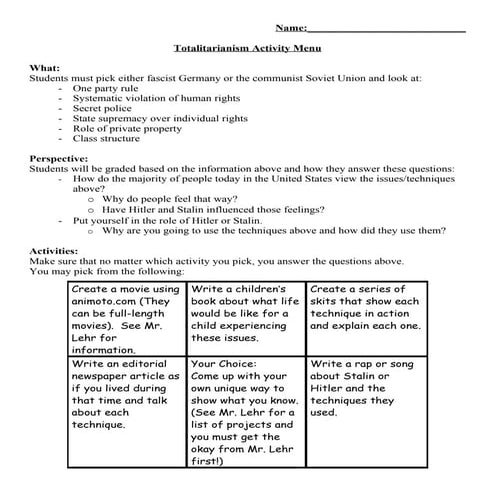 Totalitarianism Activity Menu | DOC