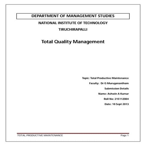 Total productive maintenance (Total Quality Management) | PDF