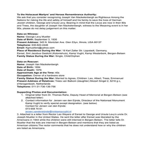 The Holocaust Rescue Story of George Levy | Application for Recognition ...