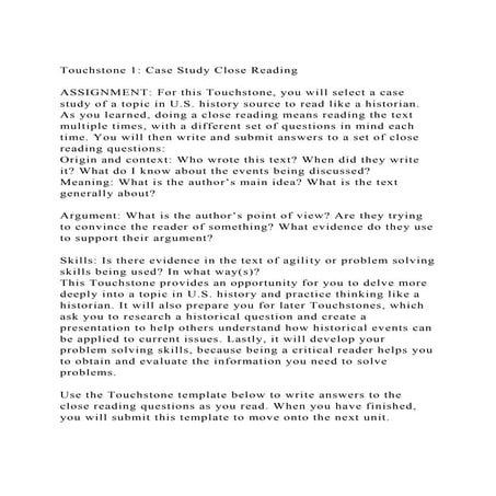 Touchstone 1 Case Study Close ReadingASSIGNMENT For this Tou.docx | Education