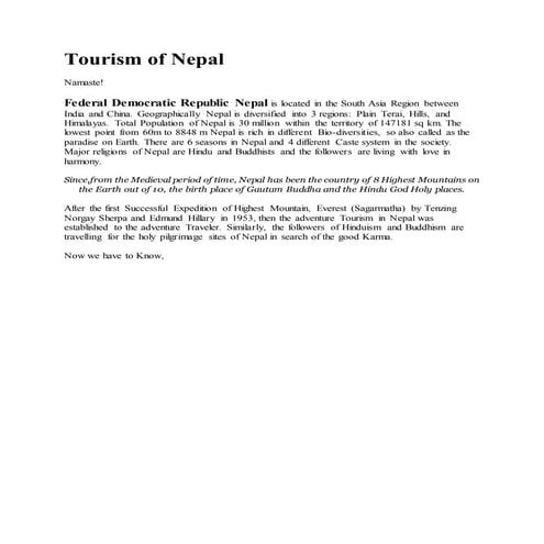 Tourism in Nepal: The brief introduction. | PPTX