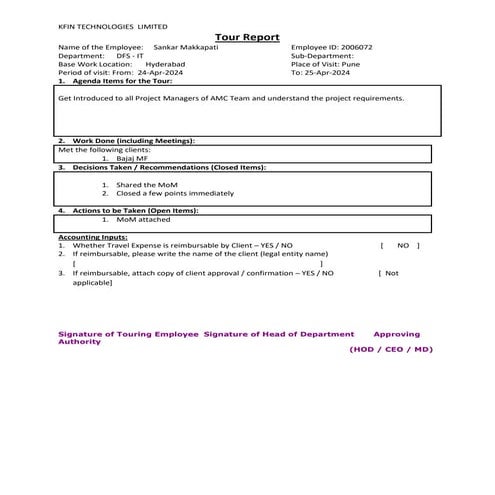 TOUR report format - Easy for replication | PDF