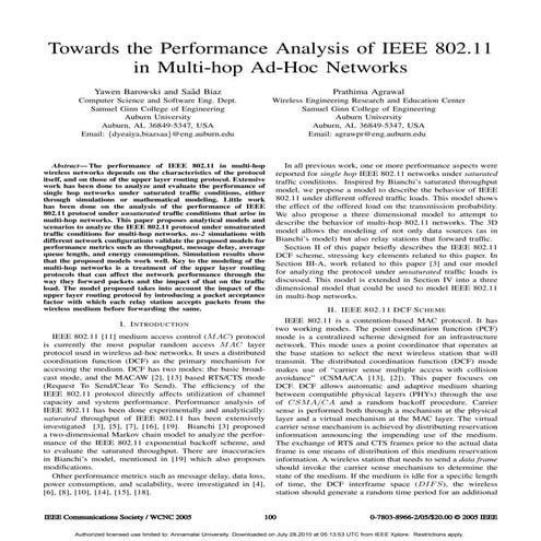 Towards The Performance Analysis Of Ieee 802 11 In Multi Hop Ad Hoc Networks Pdf