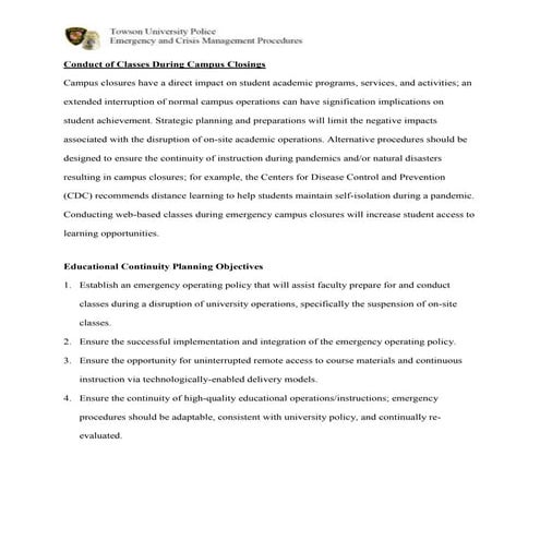 Towson University: COOP: Conduct of Classes During Campus Closings | DOCX
