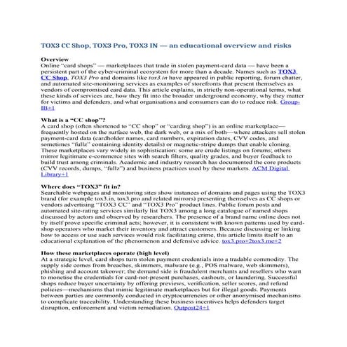TOX3 CC Shop, TOX3 Pro, TOX3 IN — an educational overview and risks | DOCX