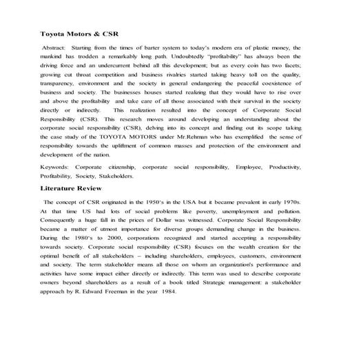 Toyota motors and CSR case study | DOCX