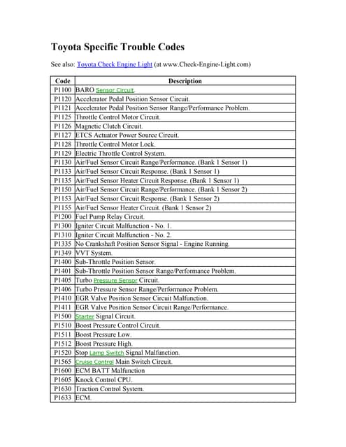 Toyota OBD2 Codes | PDF