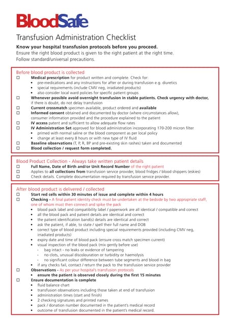 Blood transfusion checklist sania | DOCX