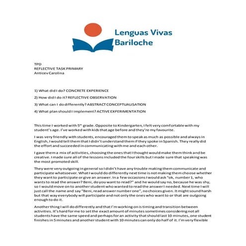 TPD - reflective task primaria | DOCX | Education