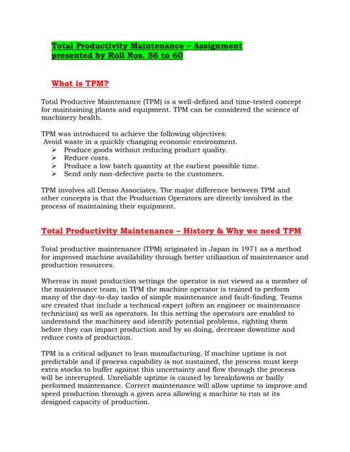 An introduction to total productive maintenance (tpm | PPT