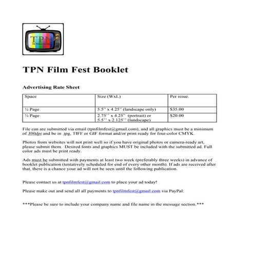 Tpn film fest ad rate sheet | PDF