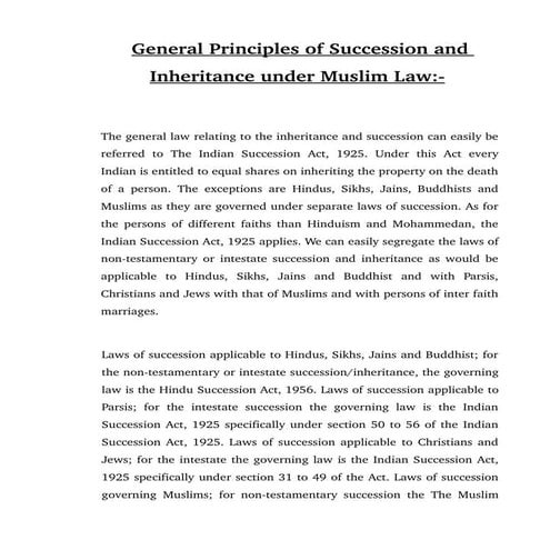 General principles of inheritance under Muslim law - Rules relating to Islamic Inheritance | PDF