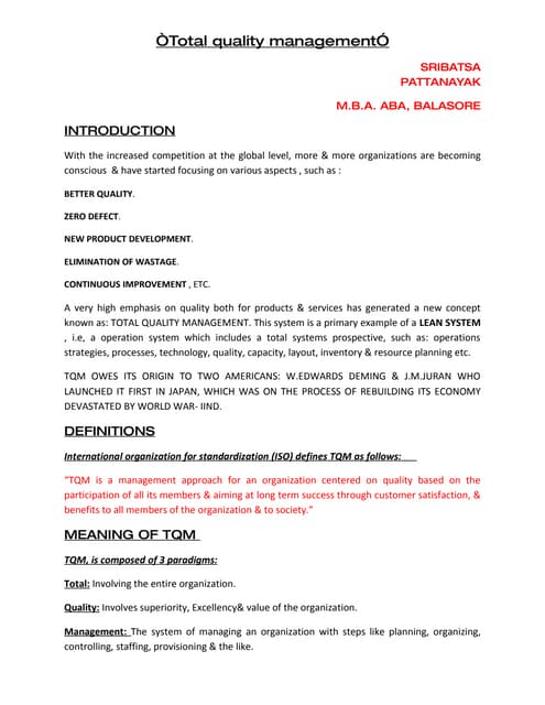 Quality gurus and their contribution to TQM | PDF