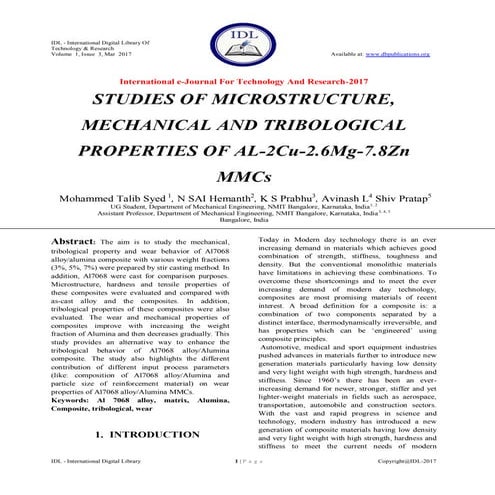 STUDIES OF MICROSTRUCTURE, MECHANICAL AND TRIBOLOGICAL PROPERTIES OF AL-2Cu-2.6Mg-7.8Zn MMCs | PDF