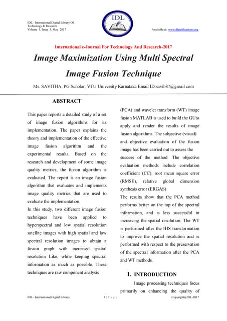 Image Maximization Using Multi Spectral Image Fusion Technique Pdf
