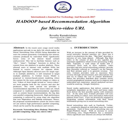 HADOOP based Recommendation Algorithm for Micro-video URL | PDF