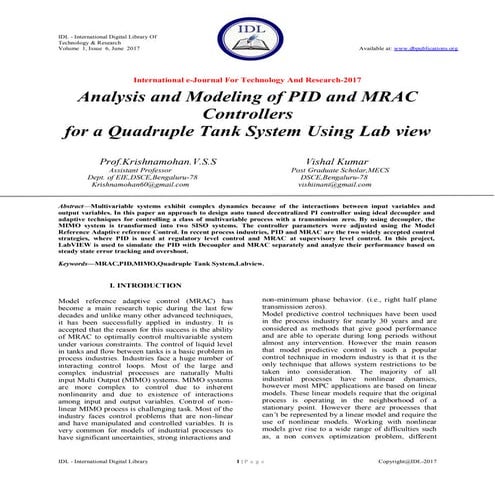 Analysis and Modeling of PID and MRAC Controllers for a Quadruple Tank ...