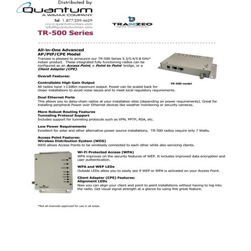Tranzeo TR – 500 Series (quantumwimax.com) | PDF