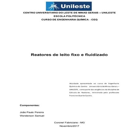 Trabalho reatores leito fixo e fluidizado | DOCX