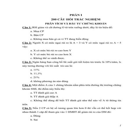 500 câu hỏi trắc nghiệm cơ bản về chứng khoán và thị trường chứng khoán | PDF