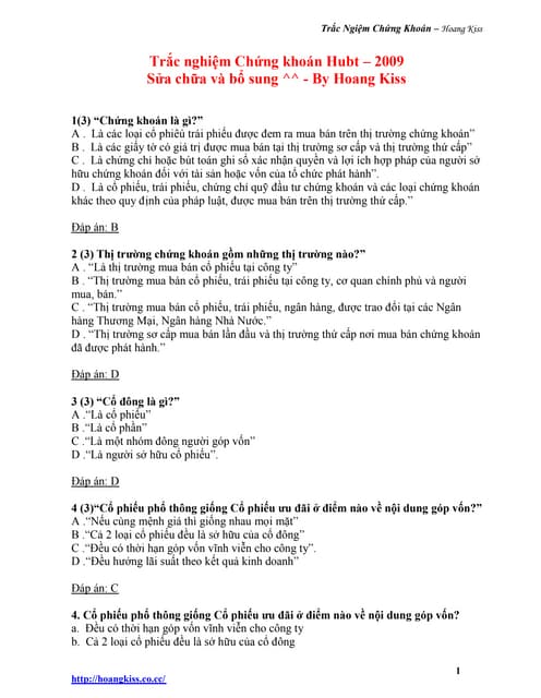 500 câu hỏi trắc nghiệm cơ bản về chứng khoán và thị trường chứng khoán | PDF