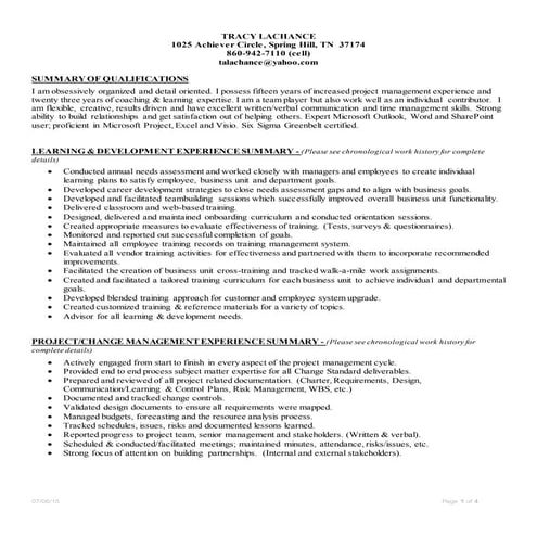 Tracy la chance resume experience summary - 07062015 | PDF