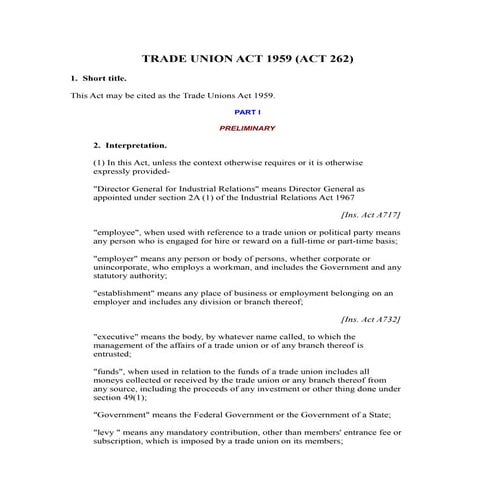 Trade Union Act 262 Malaysia 1959 | PDF
