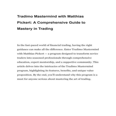 Tradimo Mastermind with Matthias Pickert A Comprehensive Guide to ...