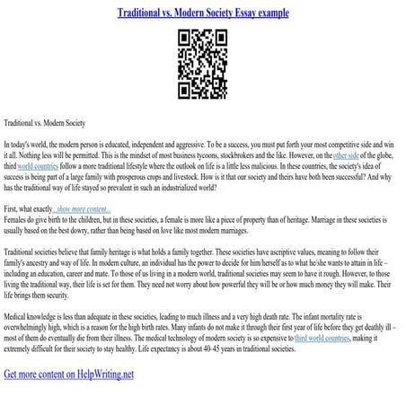 Traditional Vs. Modern Society Essay Example | PPT