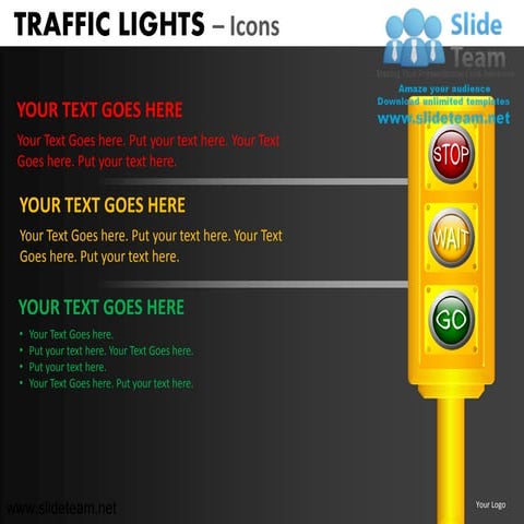 Traffic highway roadway lights red green orange stop wait go icons ...