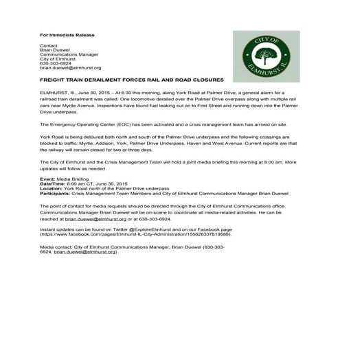 Train derailment press release | DOC