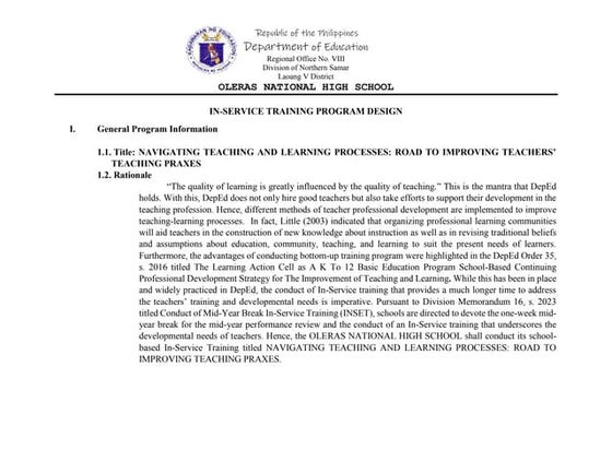 INSET Training Design and Matrix.docx | Educational Assessment | Education